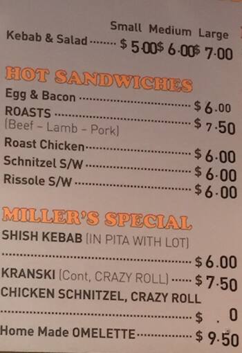 Menu at Miller cafe, Epping