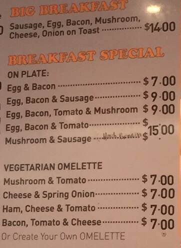 Menu at Miller cafe, Epping