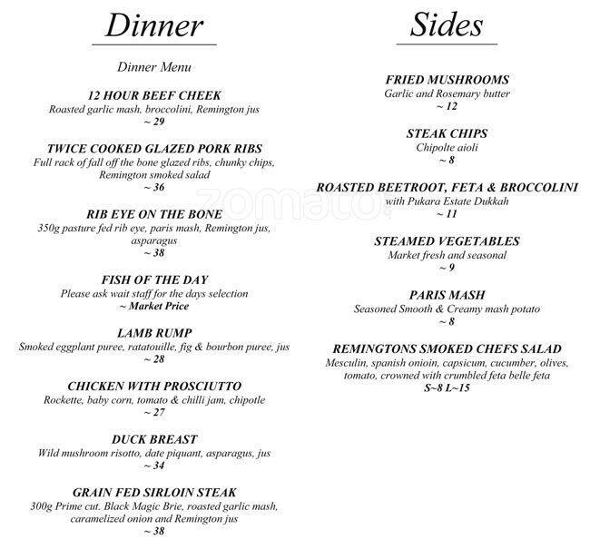 Menu at The Remington Muswellbrook restaurant, Muswellbrook