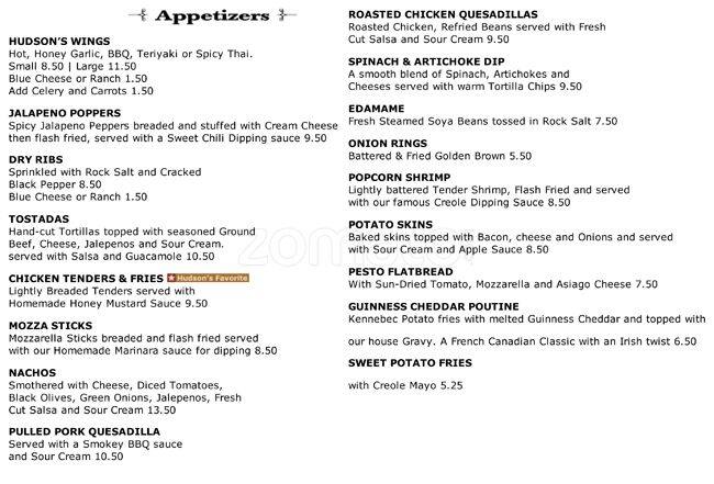 Hudson's Landing Pub Menu - Urbanspoon/Zomato