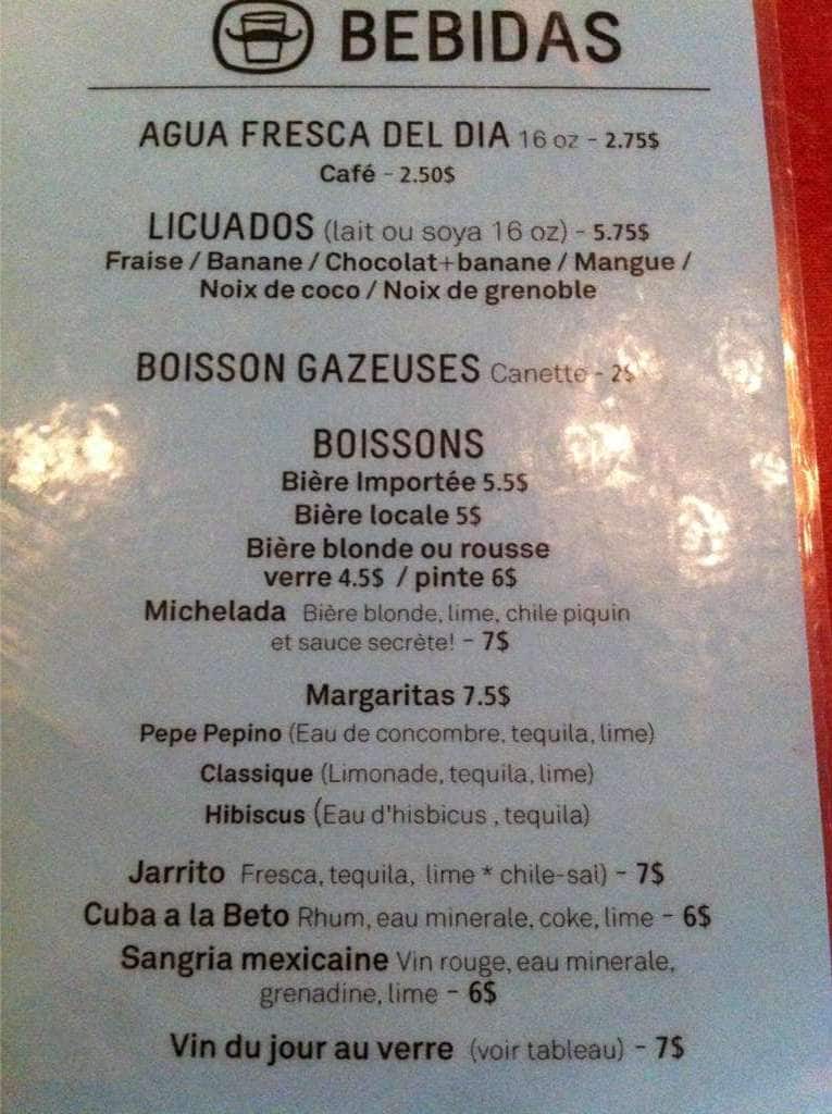 Menu at Ta Chido Snack-bar, Montreal