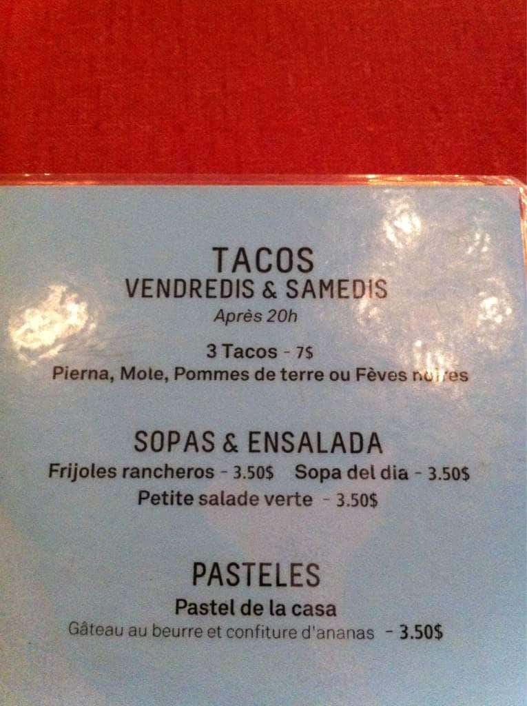 Menu at Ta Chido Snack-bar, Montreal