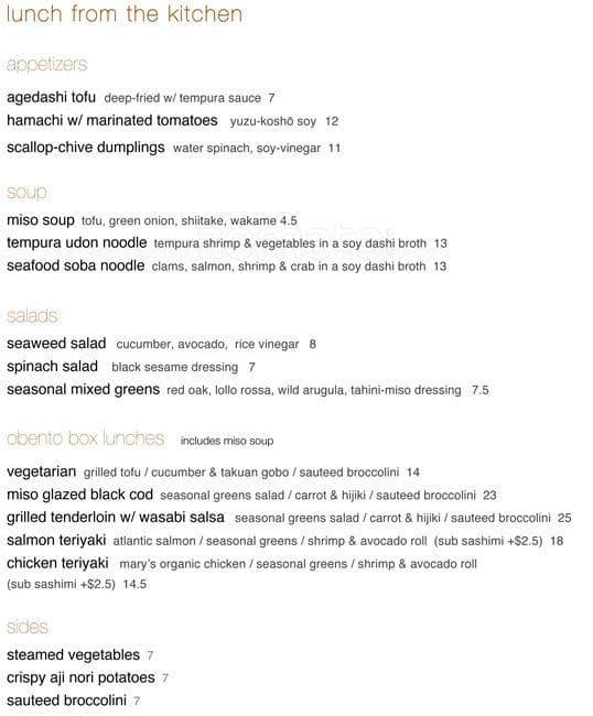 Menu at Sushi Ran restaurant, Sausalito