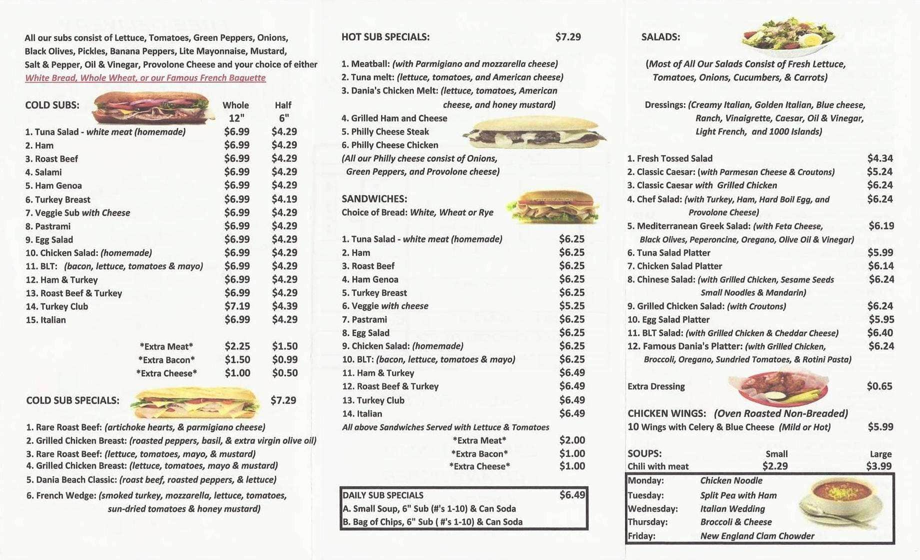 Menu at Dania Subs Shop restaurant, Dania Beach, SW 28th Terrace