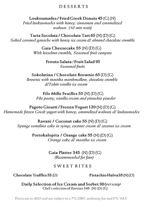 Menu of Gaia, DIFC, Dubai