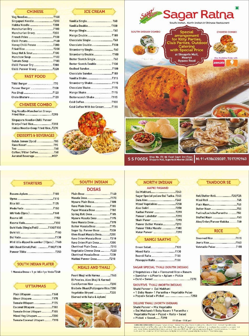Menu at Sagar Ratna, Meerut, Shopprix Mall