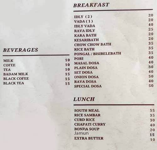 Menu of Cafe Darshini, Yelahanka, Bangalore