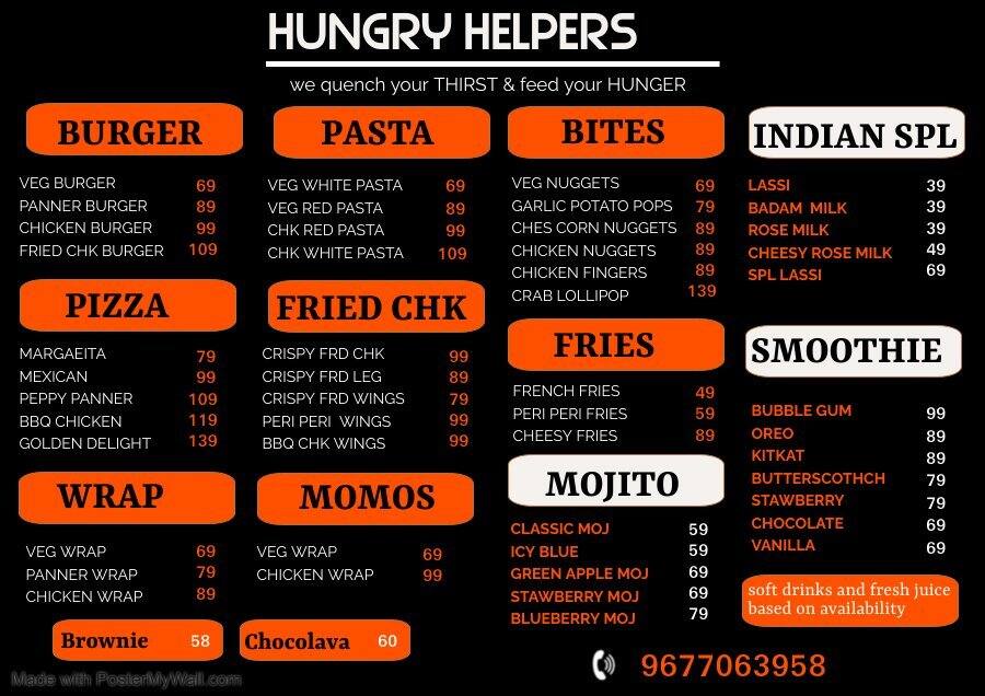 Menu of Hungry Helpers, Kanchipuram District, Chennai