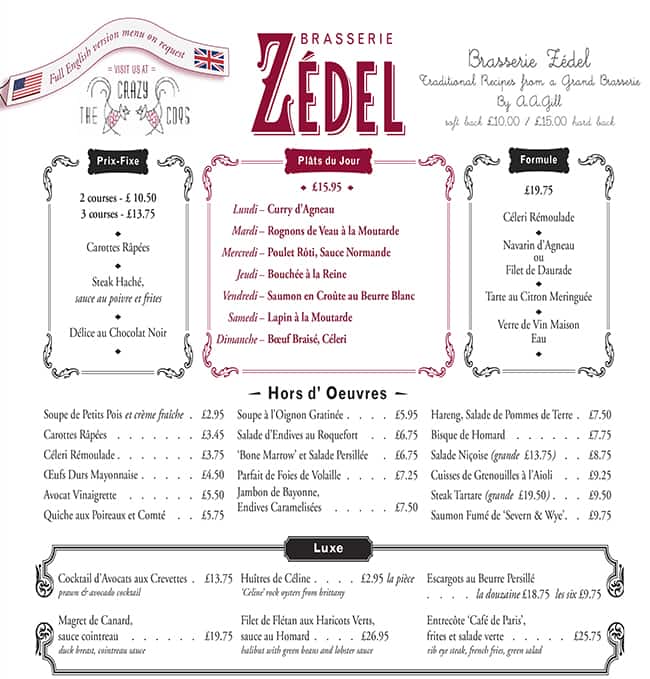 Menu at Brasserie Zédel pub & bar, London, 20 Sherwood St