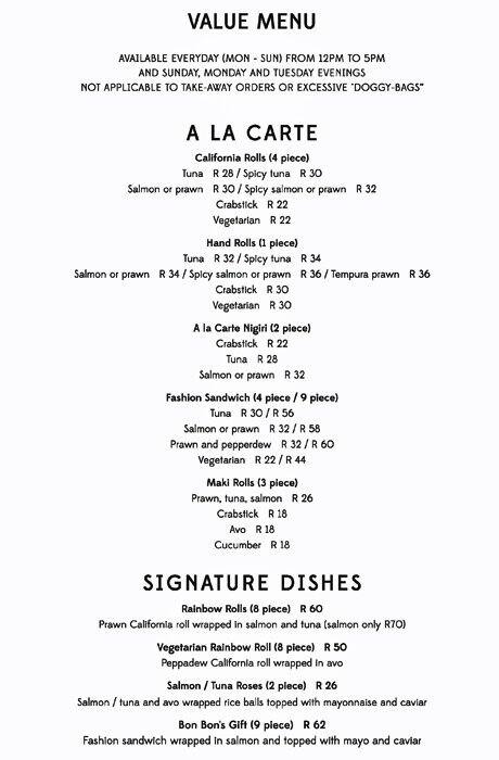 Menu at Salushi restaurant, Cape Town, 6 Cavendish St