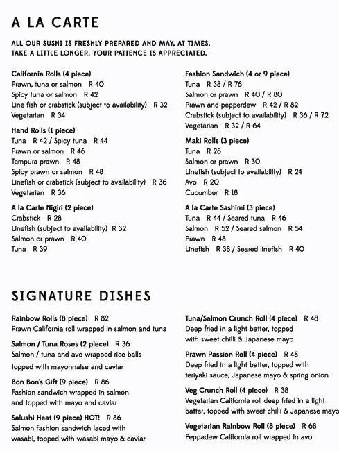 Menu at Salushi restaurant, Cape Town, 6 Cavendish St