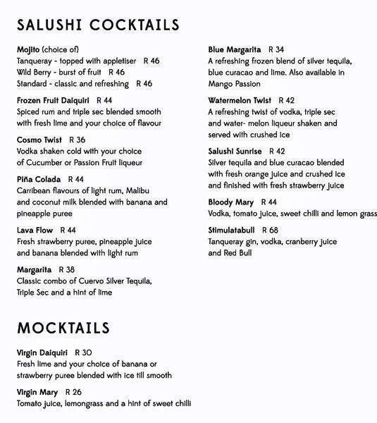 Menu at Salushi restaurant, Cape Town, 6 Cavendish St