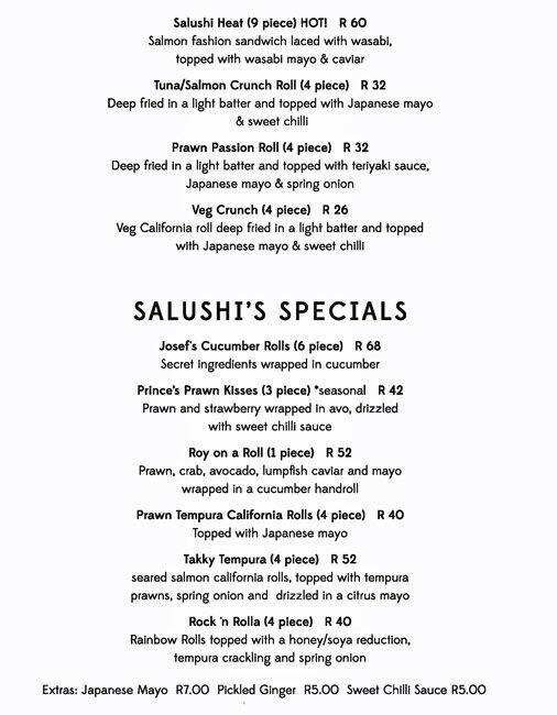 Menu at Salushi restaurant, Cape Town, 6 Cavendish St