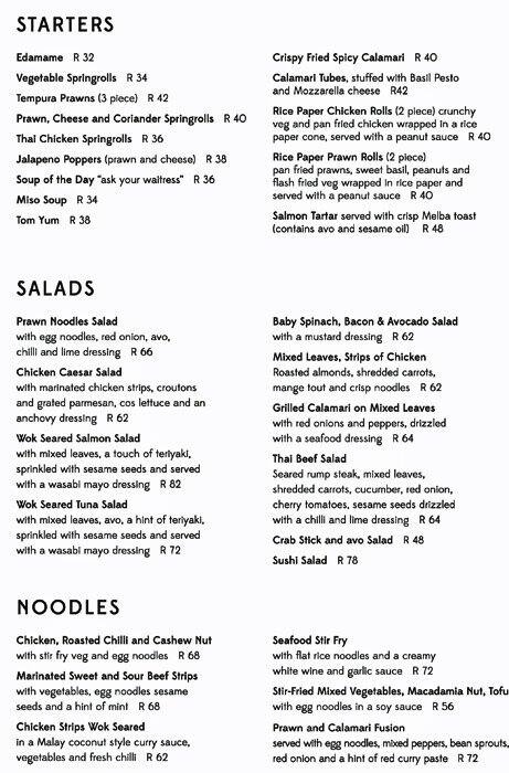 Menu at Salushi restaurant, Cape Town, 6 Cavendish St