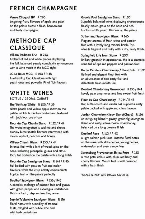 Menu at Salushi restaurant, Cape Town, 6 Cavendish St