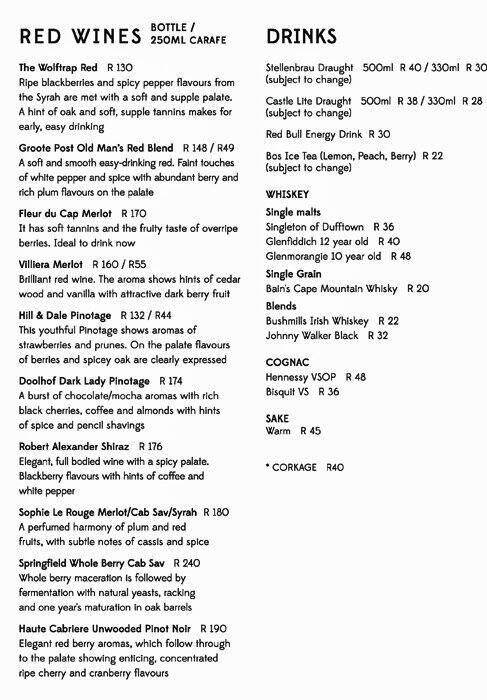 Menu at Salushi restaurant, Cape Town, 6 Cavendish St