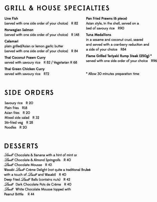 Menu at Salushi restaurant, Cape Town, 6 Cavendish St