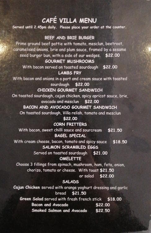 Menu at Cafe Villa, Wellington