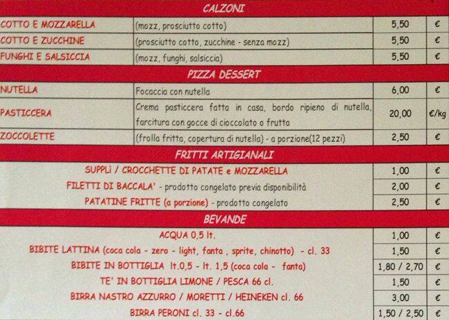 Menu da La Pizzetta, Roma, Via Severo Carmignano