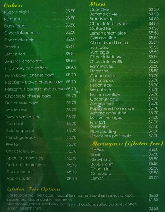 Menu at The Acland Cake Shop restaurant, Saint Kilda
