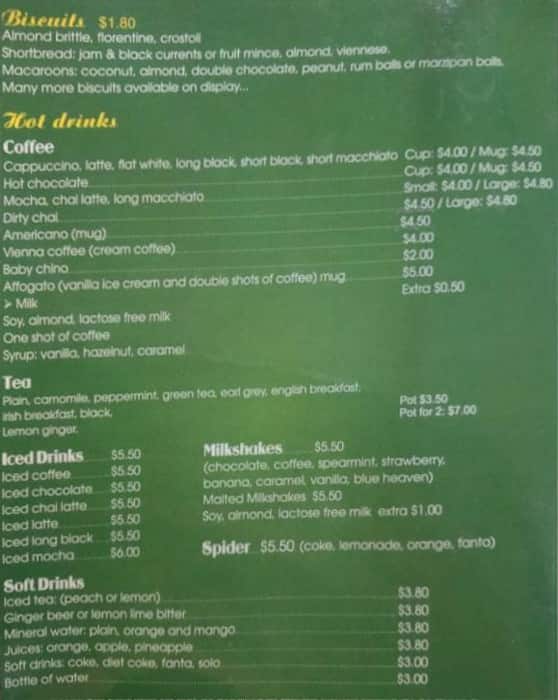 Menu at The Acland Cake Shop restaurant, Saint Kilda