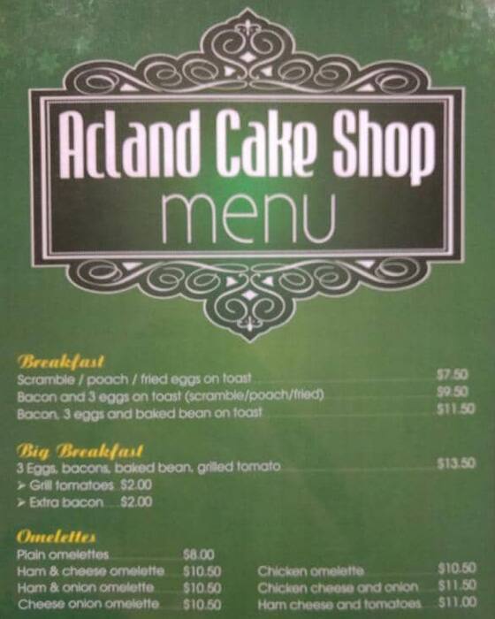 Menu at The Acland Cake Shop restaurant, Saint Kilda