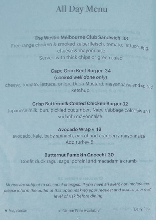 Menu at The Westin Melbourne Lobby Lounge pub & bar, Melbourne