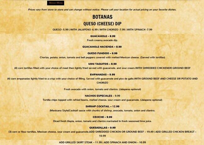 Menu at La Hacienda De Los Fernandez restaurant, Addison, W Lake St