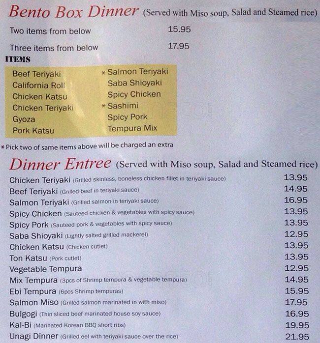 Menu at Little Tokyo Restaurant, San Francisco