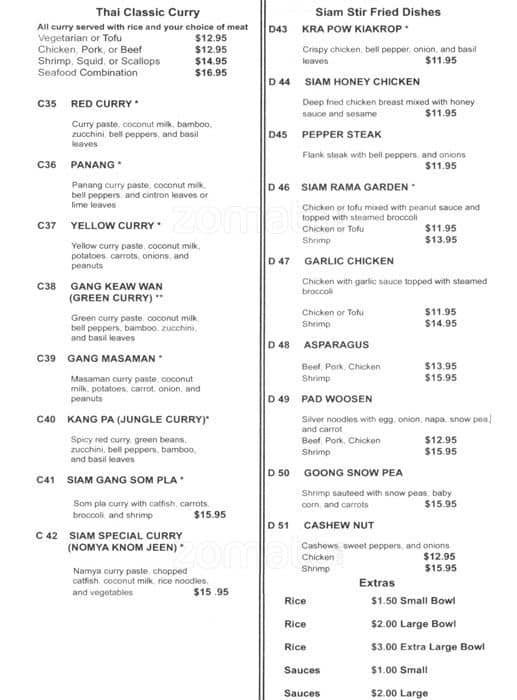 Menu at Siam Garden Thai Restaurant, Charlotte
