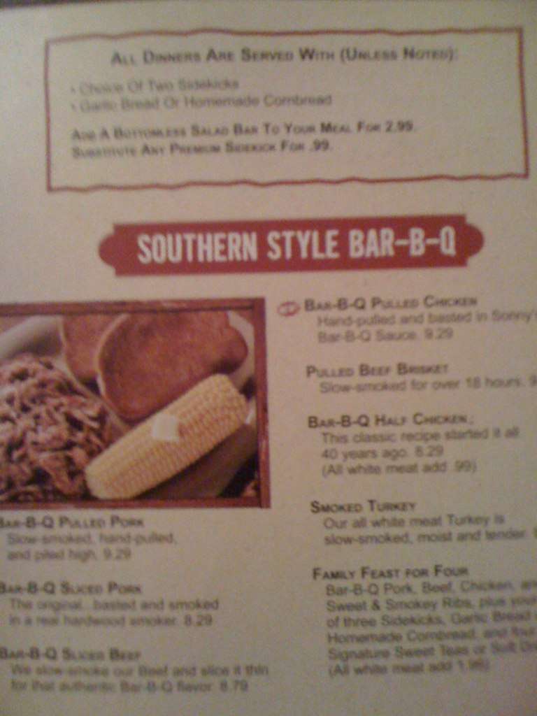 Menu at Sonny's BBQ, Fort Walton Beach