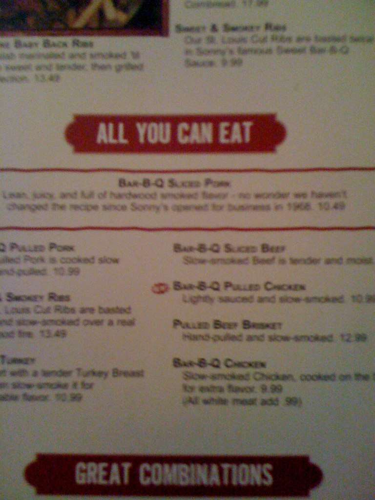 Menu at Sonny's BBQ, Fort Walton Beach