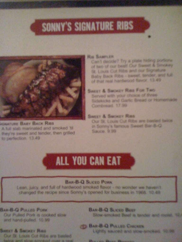 Menu at Sonny's BBQ, Fort Walton Beach