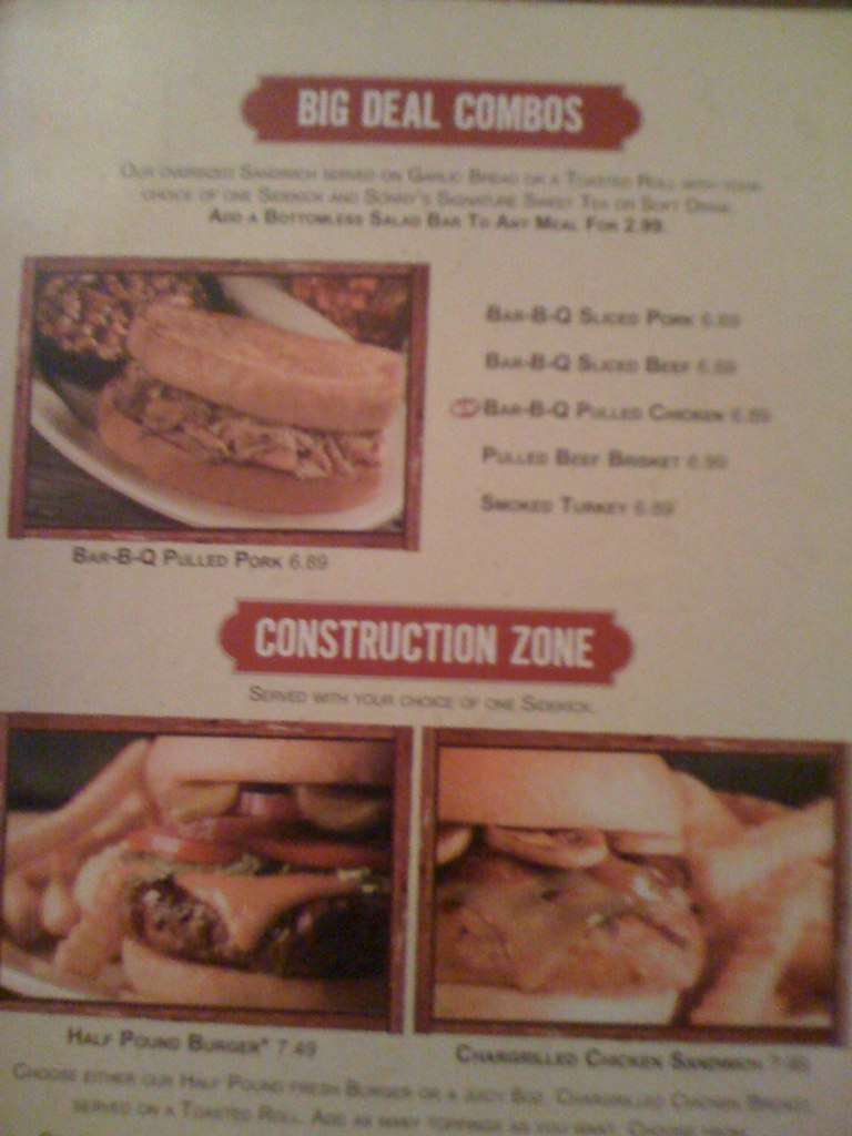 Menu at Sonny's BBQ, Fort Walton Beach