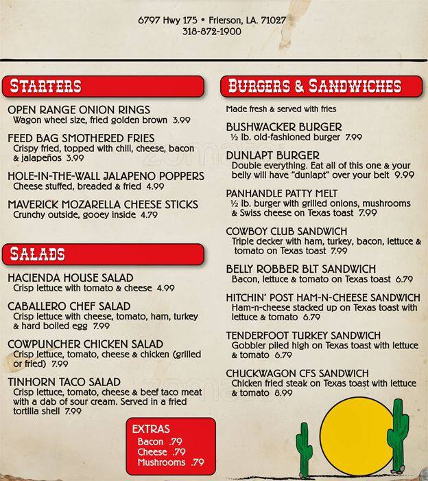 Menu at The Stagecoach Cafe, Greenwood