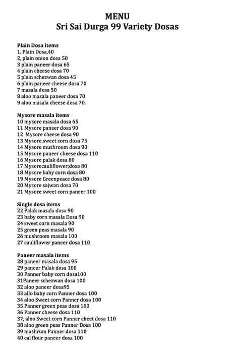 Menu at 99 Varieties Dosa, Bengaluru, 727