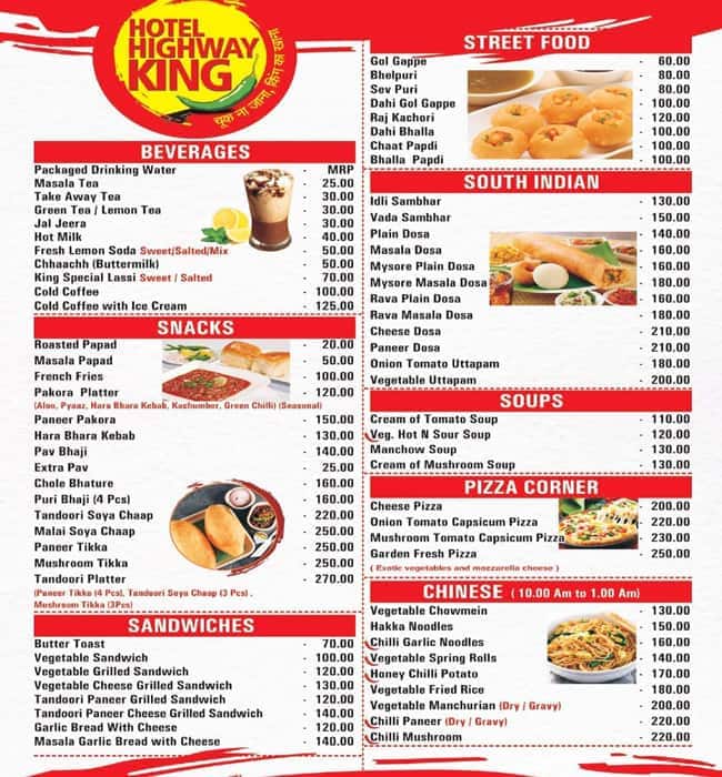 Menu of Hotel Highway King, Manesar, Gurgaon