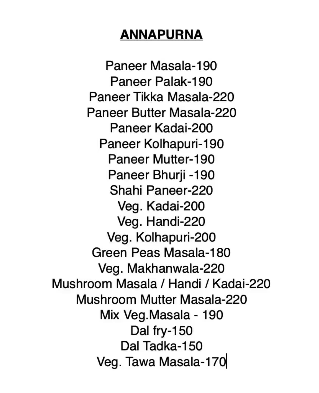 Menu of Annapurna Veg Restaurant, Bicholim, Goa