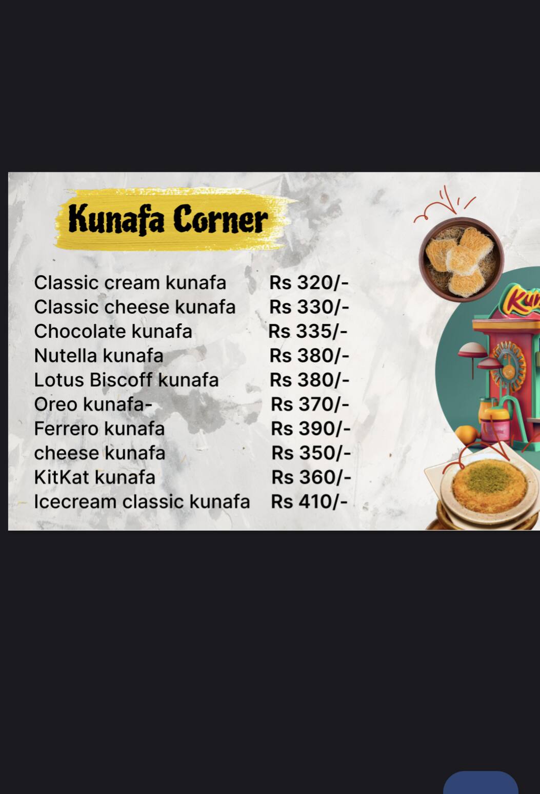 Menu of Kunafa Corner, Thillai Nagar, Trichy