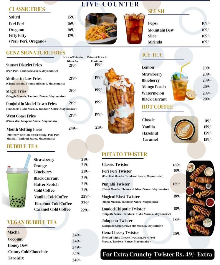Menu of GenZ Pinnacle, Model Town 2, New Delhi