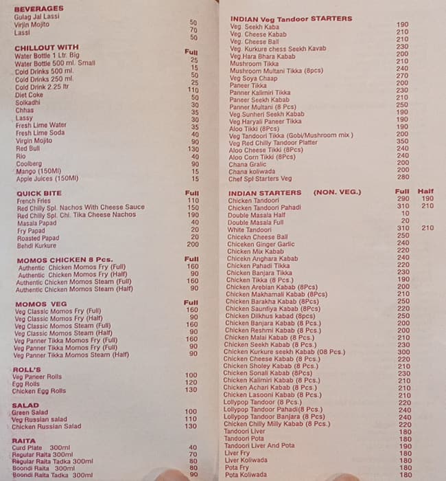Menu of Red Chilly Chinese, Dombivali West, Thane