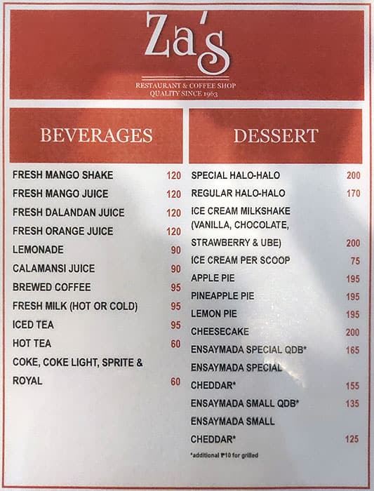 Menu at Za's Cafe, Manila
