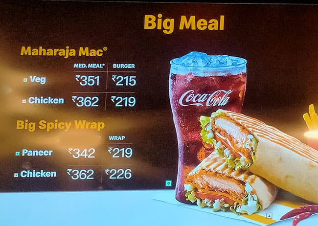 Menu of McDonald's, Sector 11, Panchkula