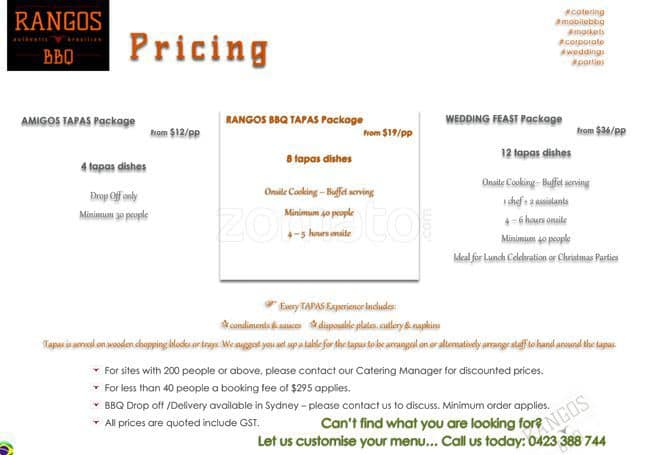 Menu at Rangos Kitchen cafe, Maroubra