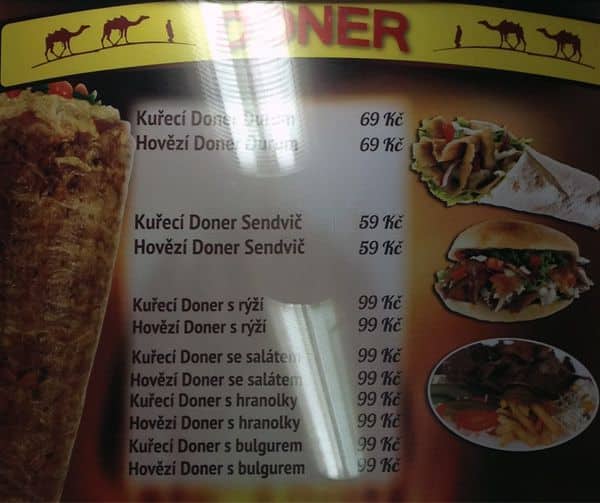 Menu at Karavan Doner restaurant, Prague
