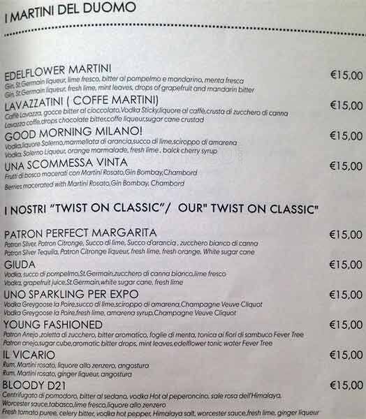 Menu at Terrazza Duomo 21 pub & bar, Milan