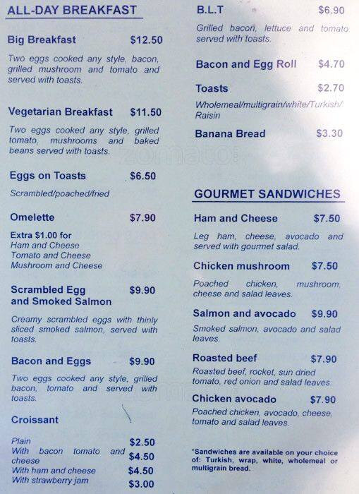 Carta de Bar Serena, Sydney