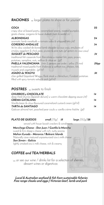 Menu at Tinto restaurant, Hawthorn