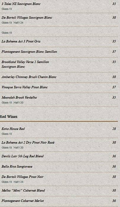 Menu at Estia restaurant, Inglewood