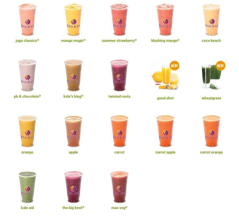 Menu at Jugo Juice, Langley Township, Trinity Western University